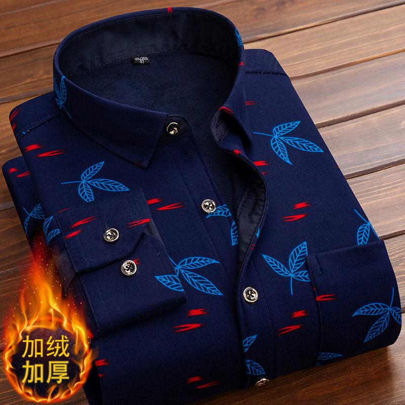 Spring Winter Men Long Sleeve Plaid Dress Shirt Flannel Fur Lined Thick ...