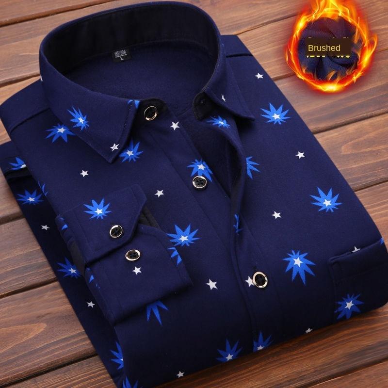 Spring Winter Men Long Sleeve Plaid Dress Shirt Flannel Fur Lined Thick ...