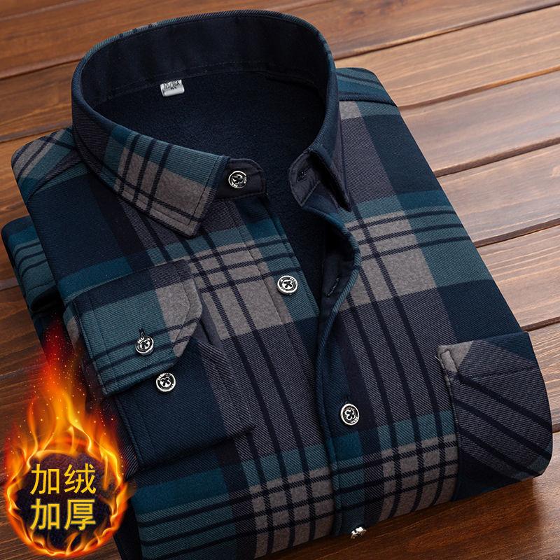 Spring Winter Men Long Sleeve Plaid Dress Shirt Flannel Fur Lined Thick ...